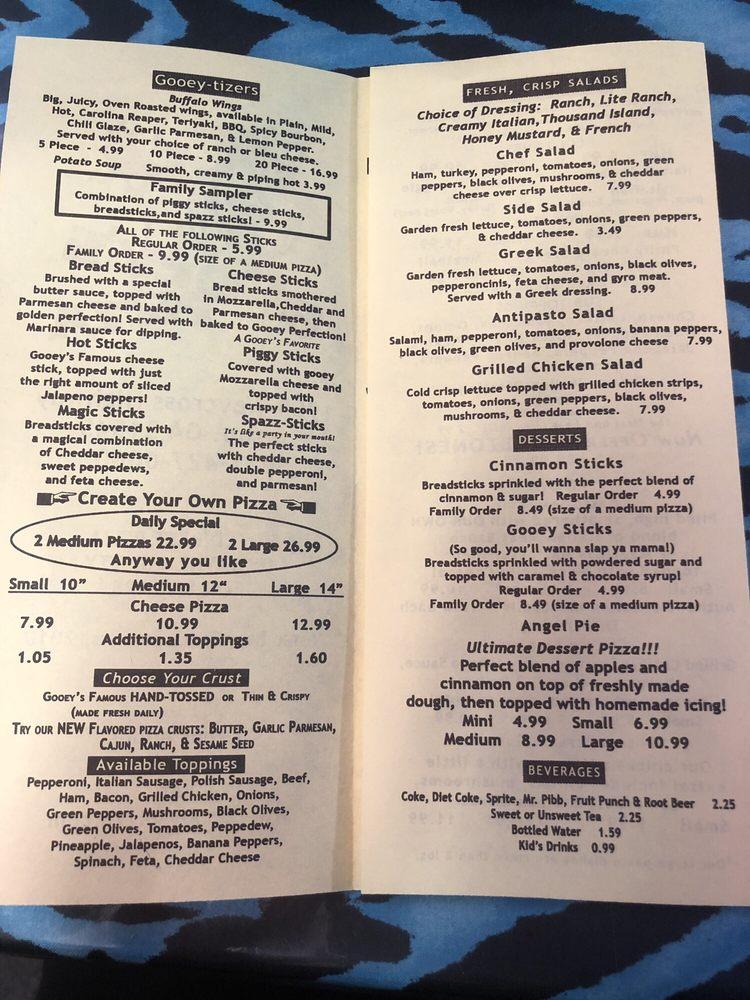 Menu at Gooey's Pizza pizzeria, Jesup, US-84