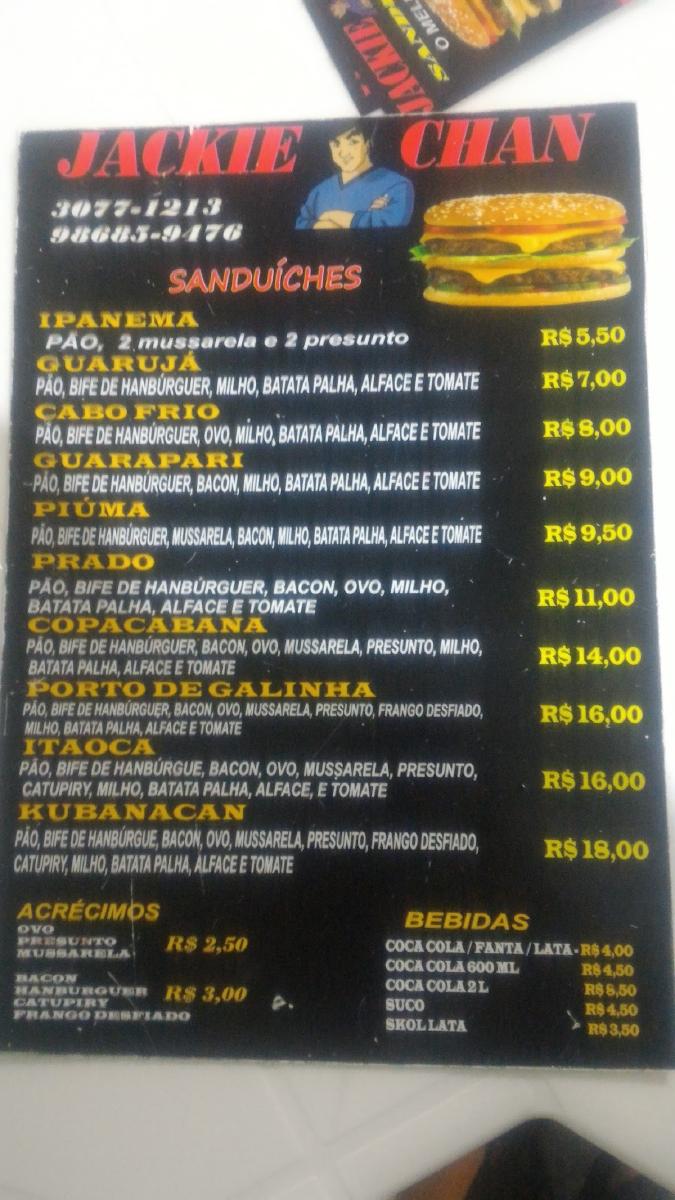 Carta del restaurante Jackie Chan Lanches, Belo Horizonte, R. Álvaro Mata