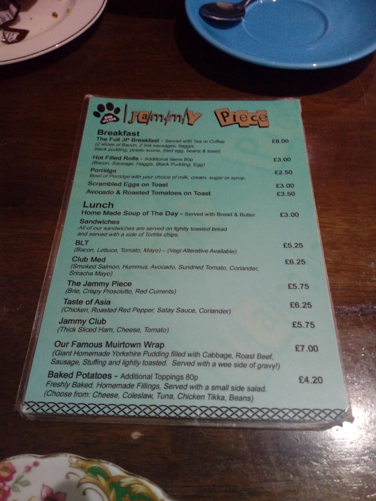 Menu at Jammy Piece cafe, Inverness