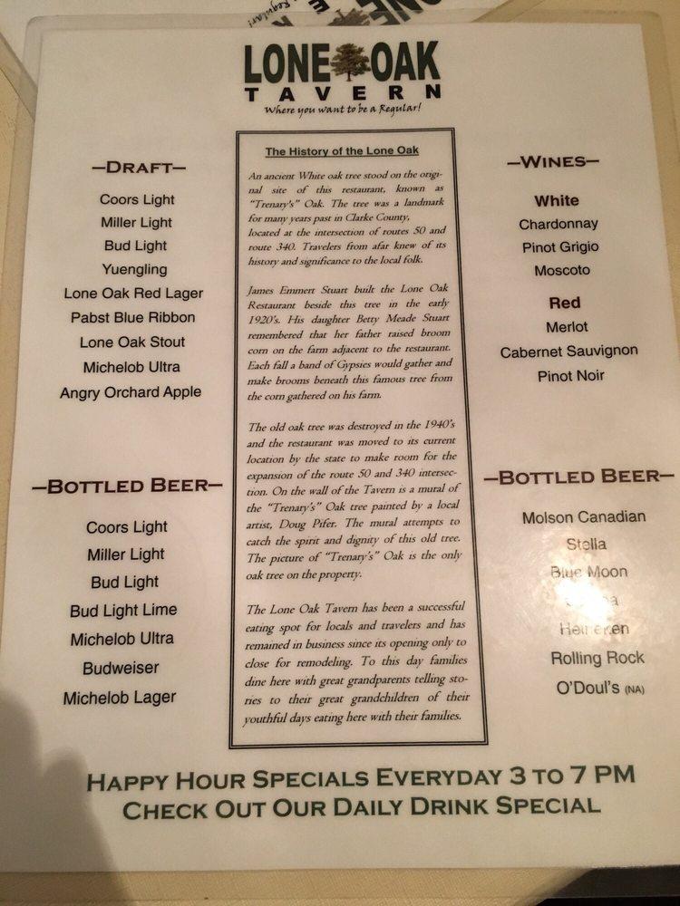 Carta del restaurante Lone Oak Tavern, Boyce