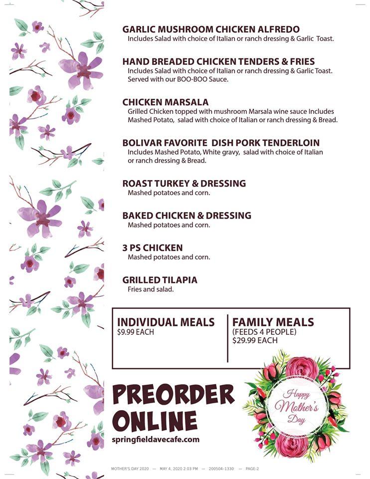 Menu at Springfield Ave Café restaurant, Bolivar