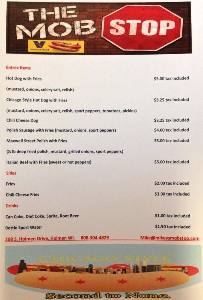 Menu at The MOB Stop restaurant, Holmen