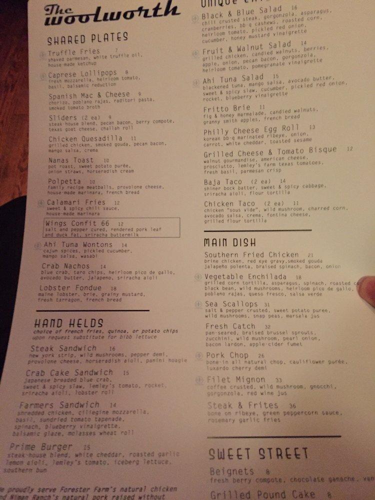 Menu at The Woolworth pub & bar, Dallas