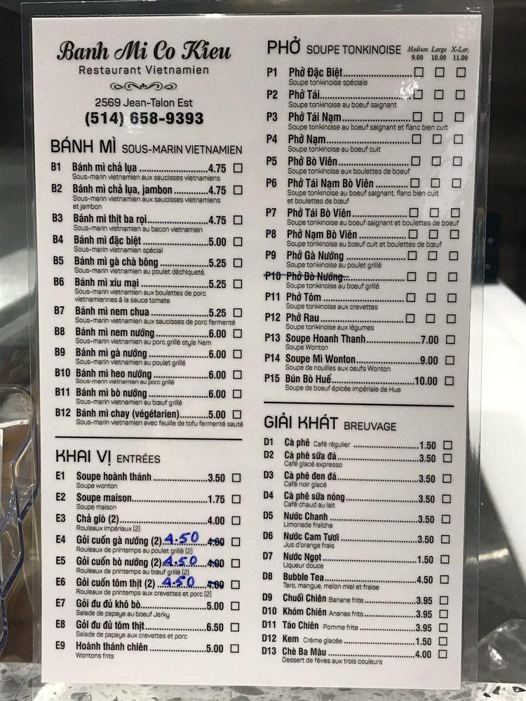 Menu at Banh Mi Co Kieu restaurant, Montreal
