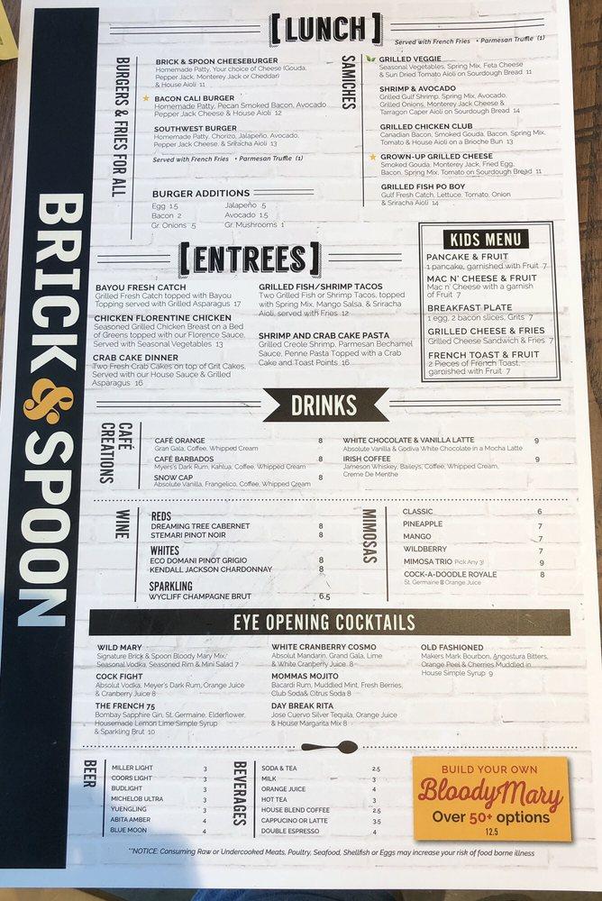 Menu at Brick & Spoon restaurant, Biloxi