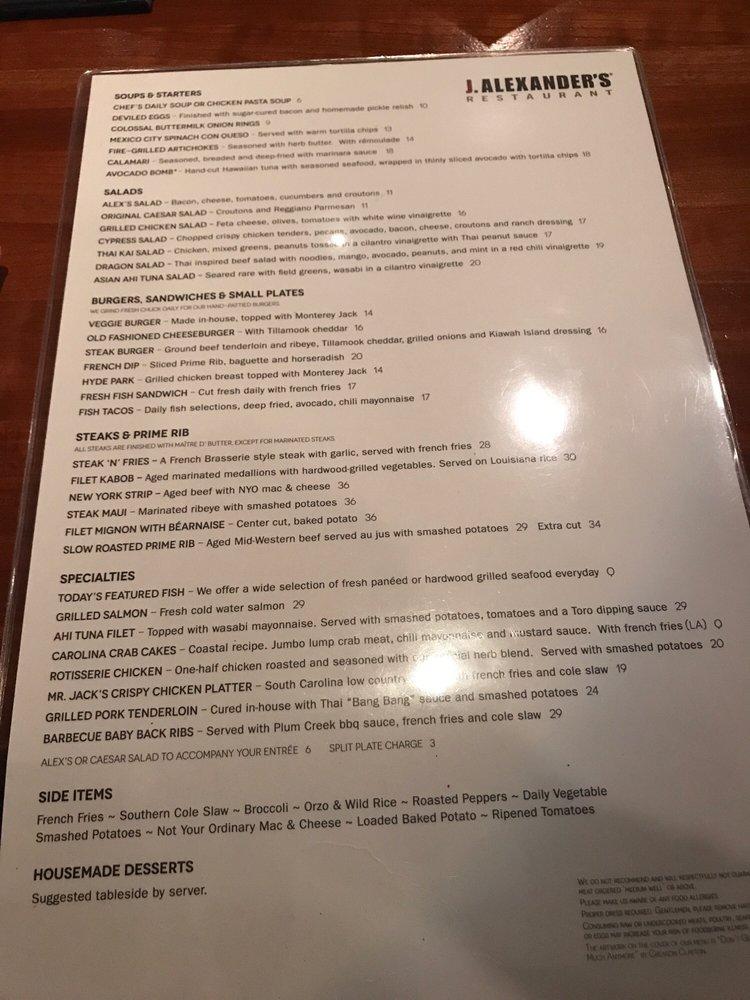 Menu at J. Alexander's Restaurant, Palm Beach Gardens, PGA Boulevard