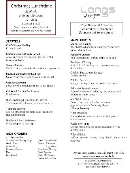 Menu at Lang's Restaurant, Preston