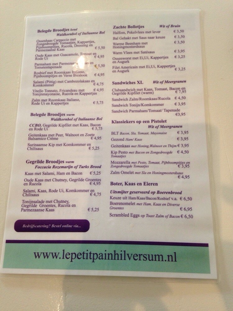 Menu at Le petit pain, Hilversum