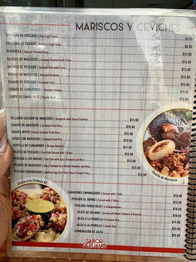 Menu at Sabor Peruano restaurant, West New York, Bergenline Ave