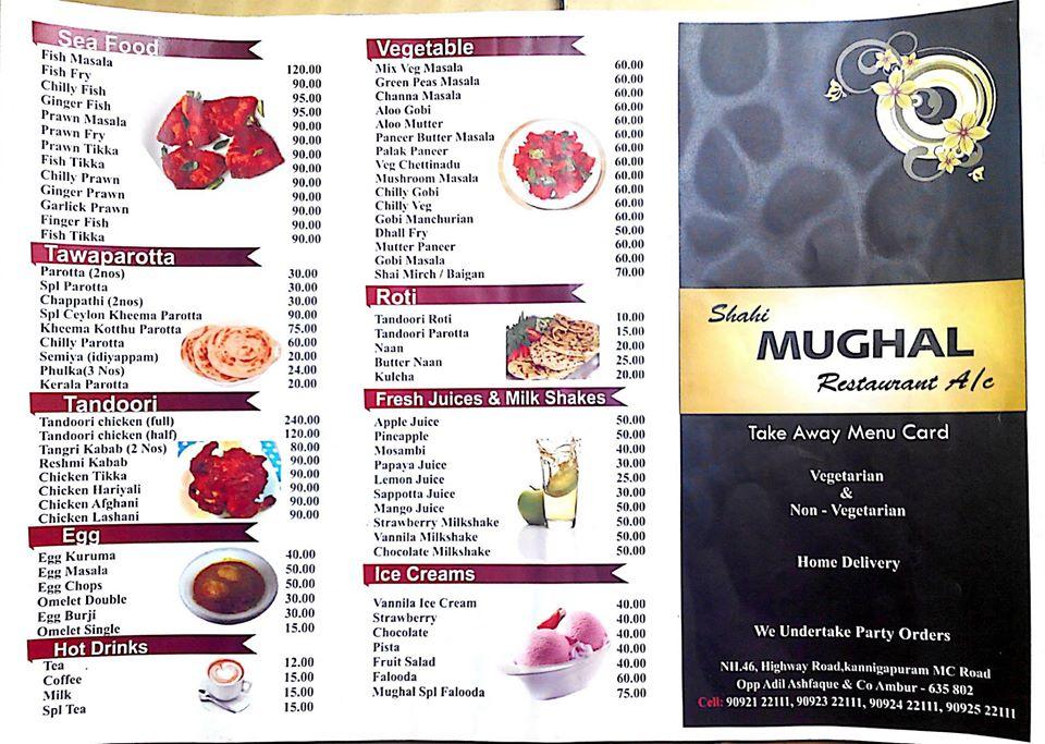 Menu at Shahi Mughal, Ambur