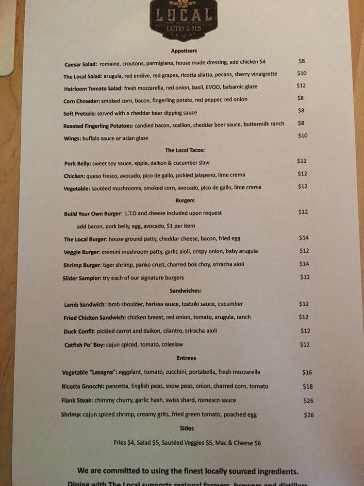 Menu at The Local Eatery and Pub, Mount Holly