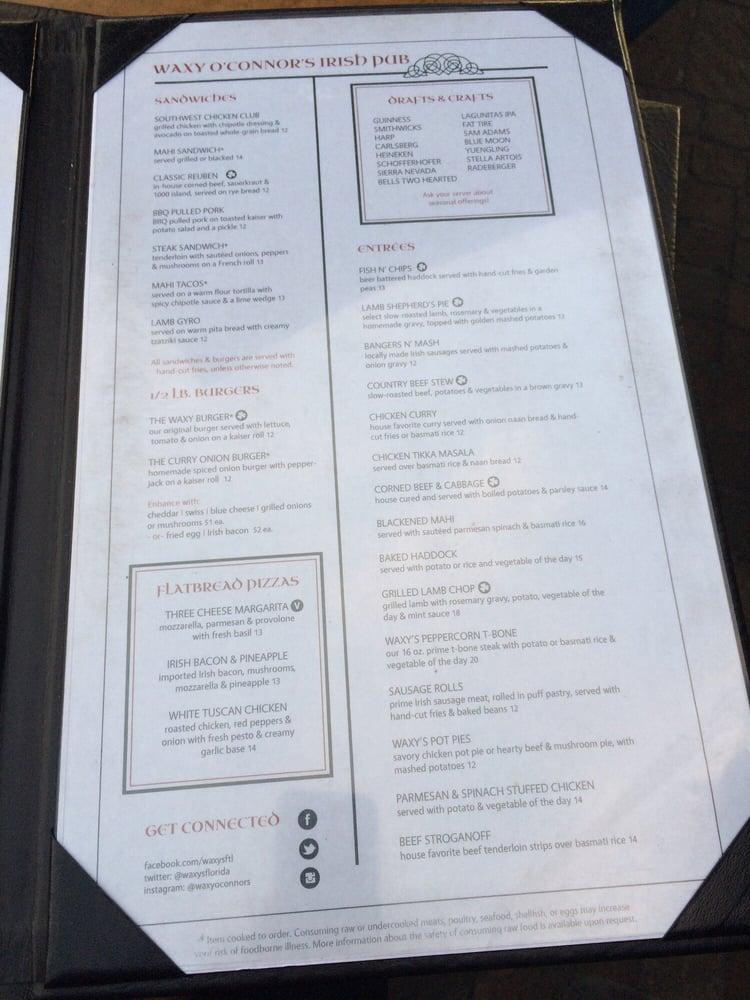 Menu at Waxy's Irish Pub, Fort Lauderdale