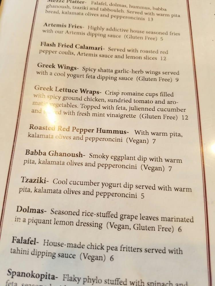 Menu at Artemis Lakefront Café restaurant, South Lake Tahoe