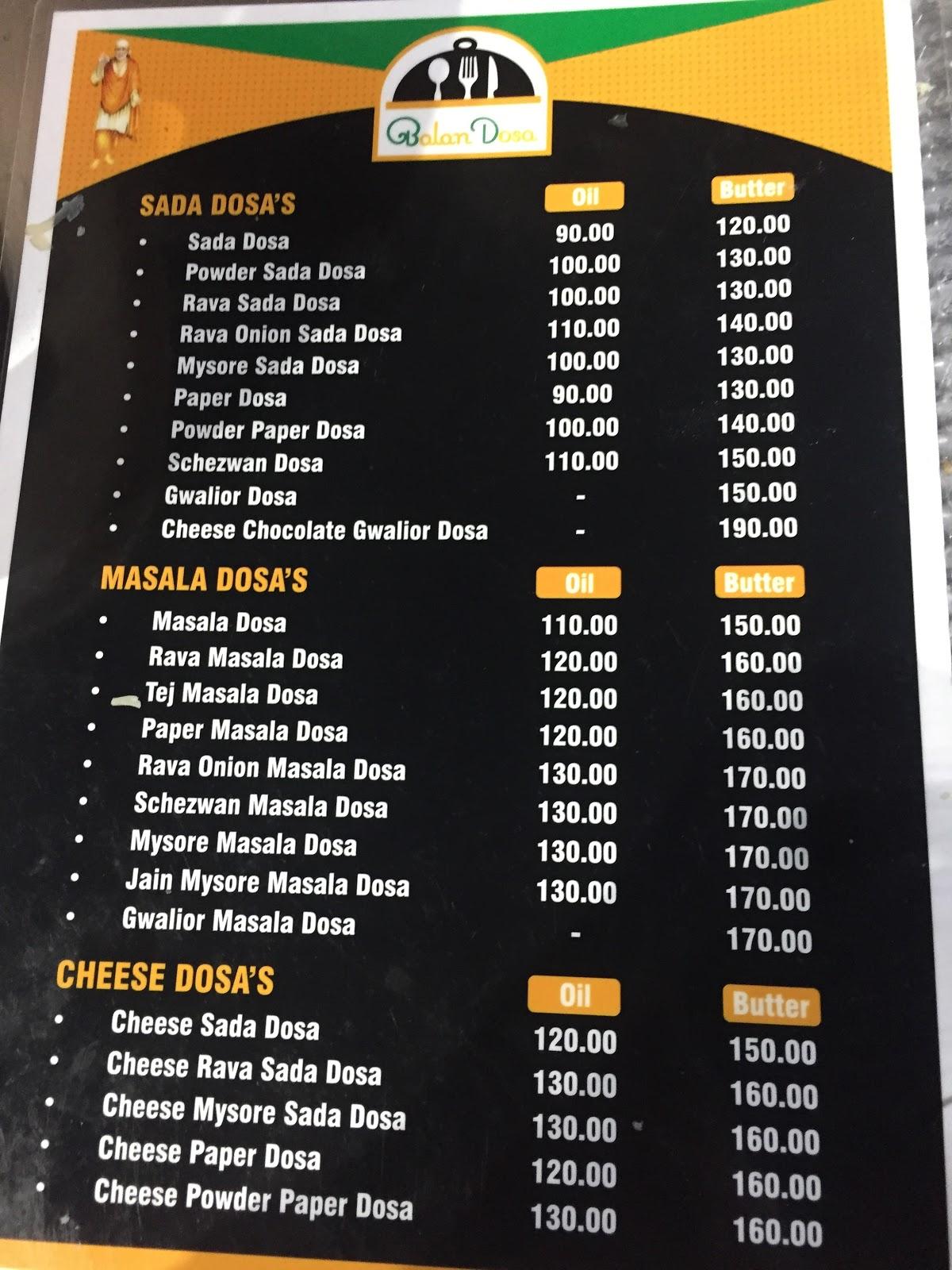 Menu at Balan Dosa Manek Chowk, Ahmedabad, Tilak maidan