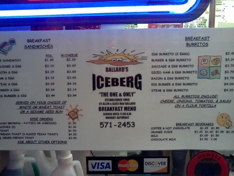 Menu at Ballard's Iceberg Drive-in restaurant, Draper
