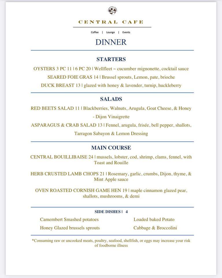 Menu at Central Cafe, Saint Johnsbury