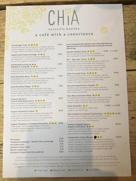 Menu at Chia Cafe, Hitchin