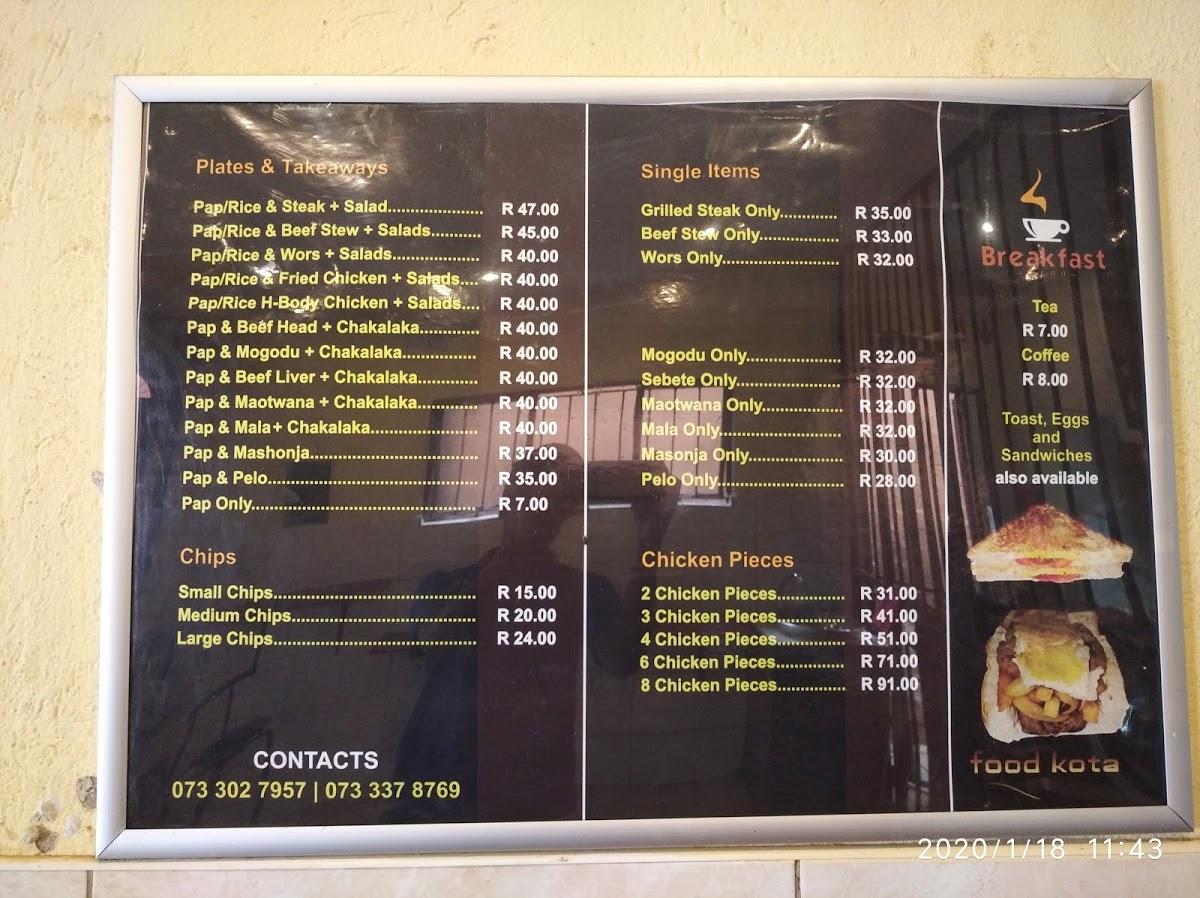 Carta de Food Kota Restaurant, Centurion