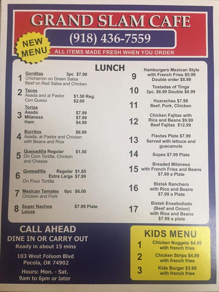 Menu at Grand Slam Mexican Grill restaurant, Pocola