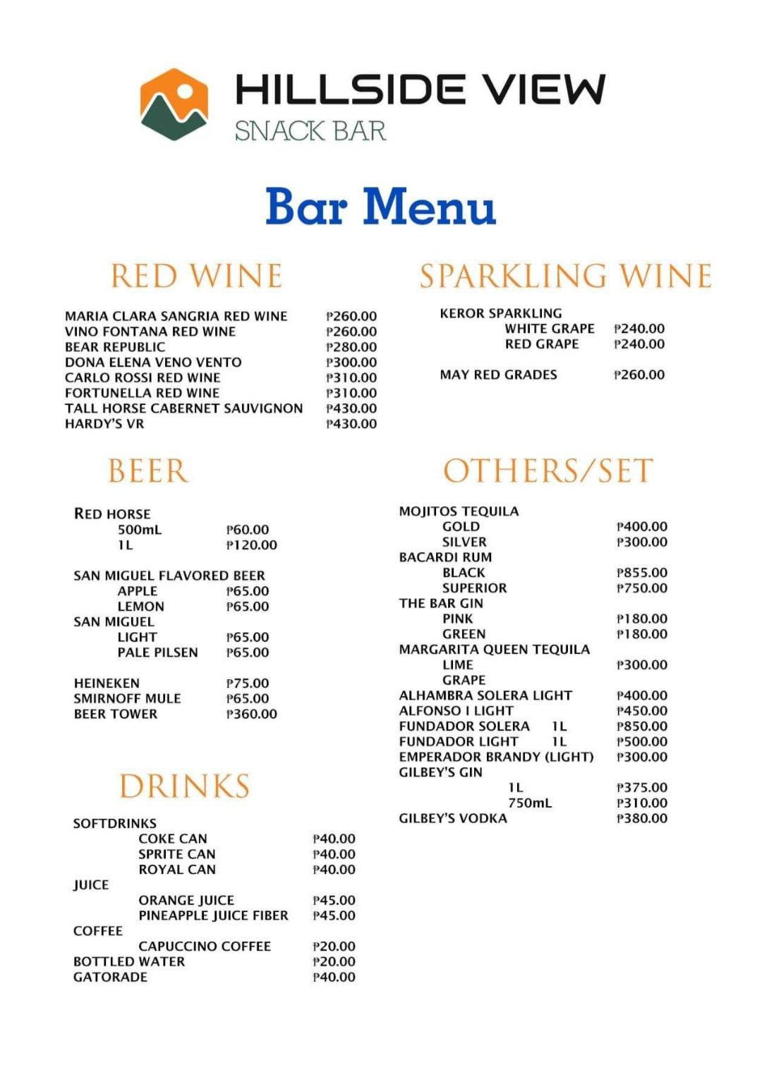 Menu at Hillside View Snack Bar, Cagayan de Oro