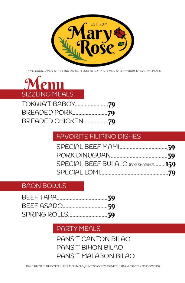 Menu at Mary Rose restaurant, Bacoor