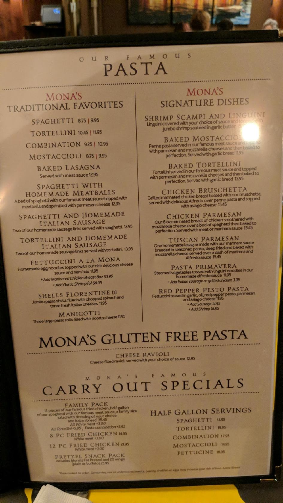 Menu at Mona's Italian Foods restaurant, Toluca