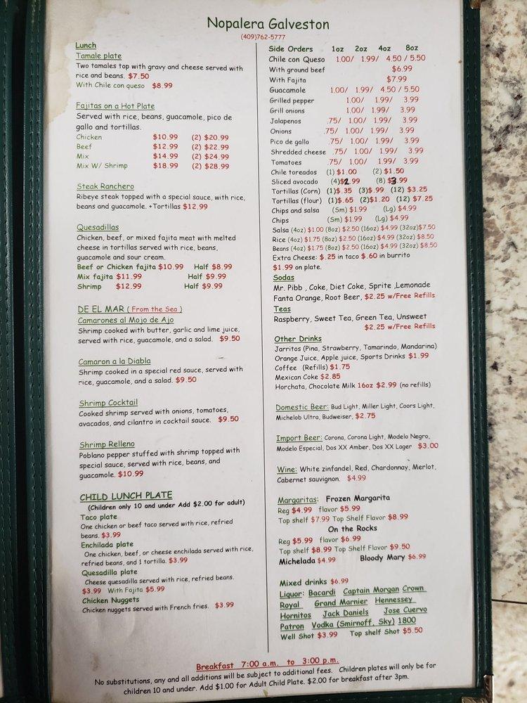 Menu at Nopalera restaurant, Galveston