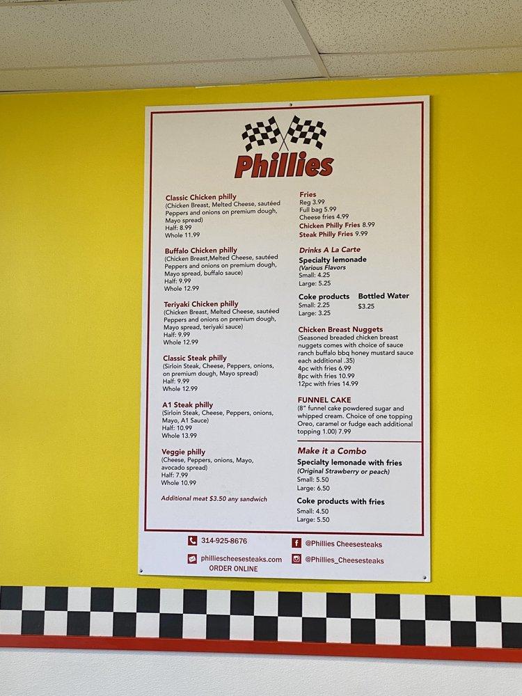 Menu at Phillies Cheesesteaks restaurant, University City, Olive Blvd ...