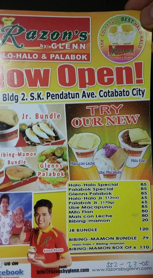 Menu at Razon's Cotabato restaurant, Cotabato City