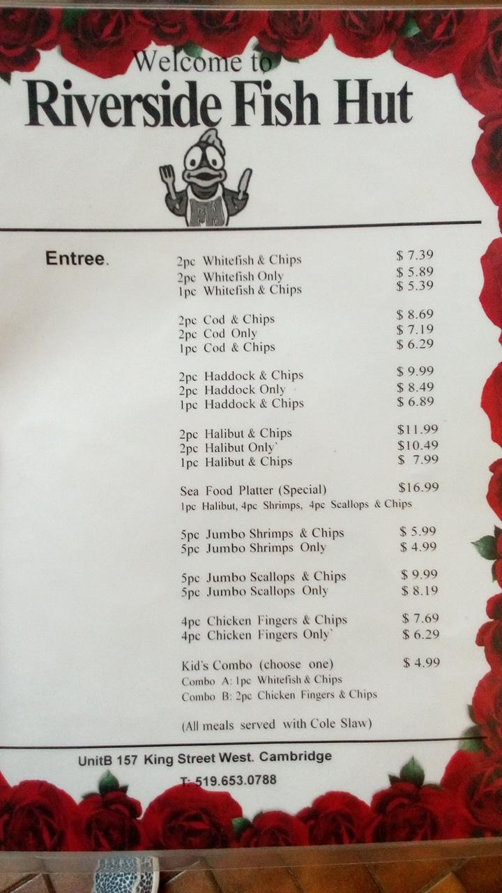 Menu at Riverside Fish Hut restaurant, Cambridge