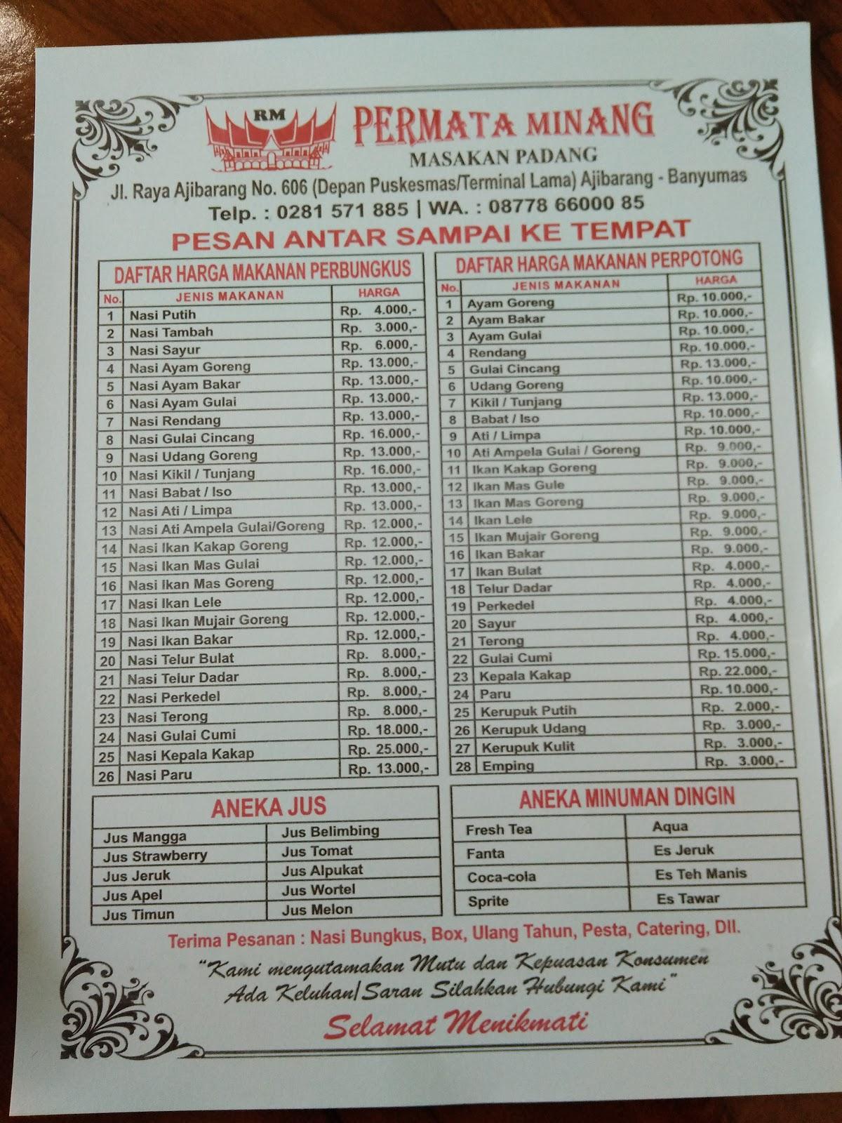 Carta del restaurante Rumah Makan Permata Minang, Ajibarang Kulon