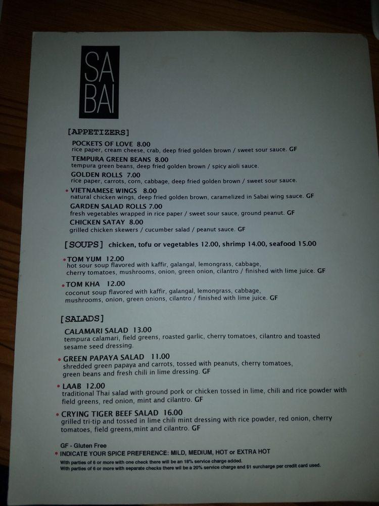 Menu at Sabai Cafe & Bar, Eugene