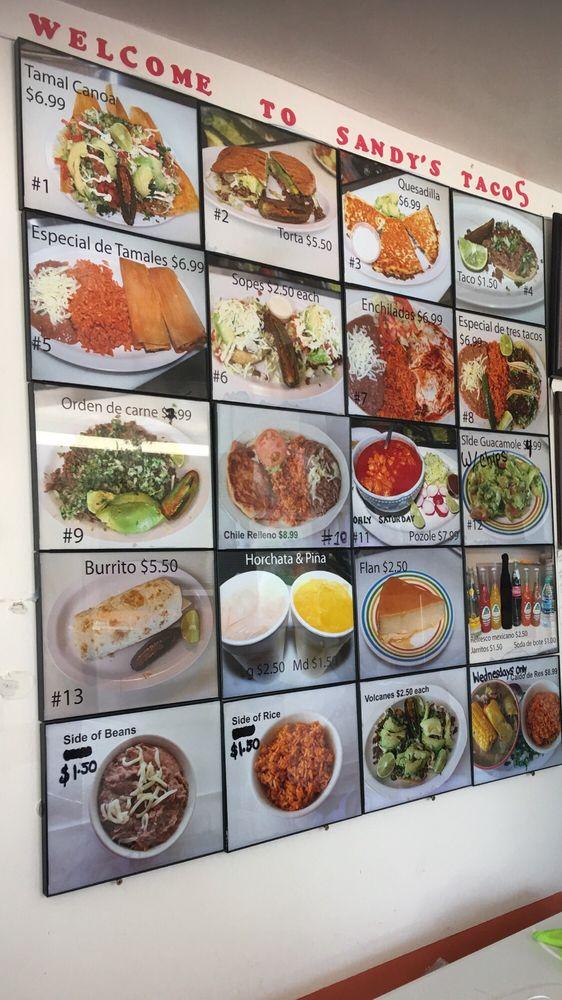 Menu at Sandy’s Tacos restaurant, Enid