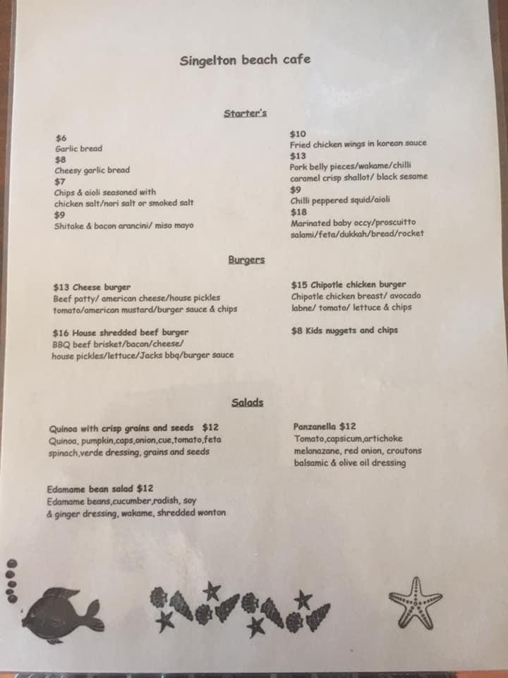 Menu at Singleton Beach Cafe, Singleton