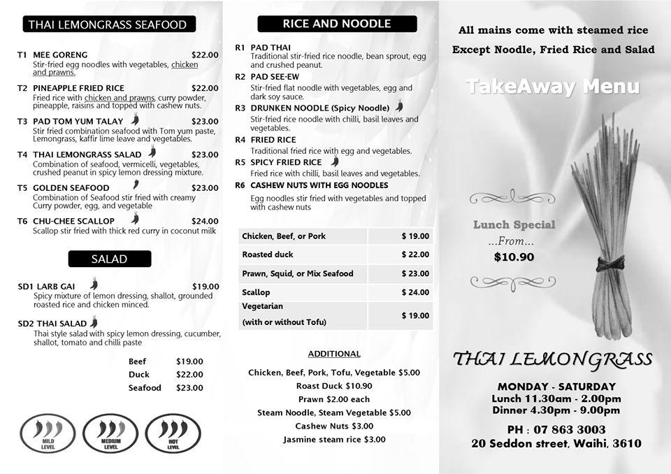 Menu at Thai Lemongrass Restaurant and Takeaway, Waihi