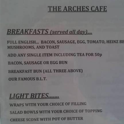 Menu at The Arches Cafe, Hartlepool