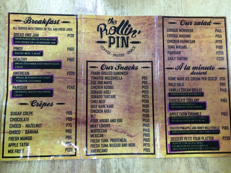 Menu at The Rollin' Pin cafe, Dumaguete, 24 Katada Street
