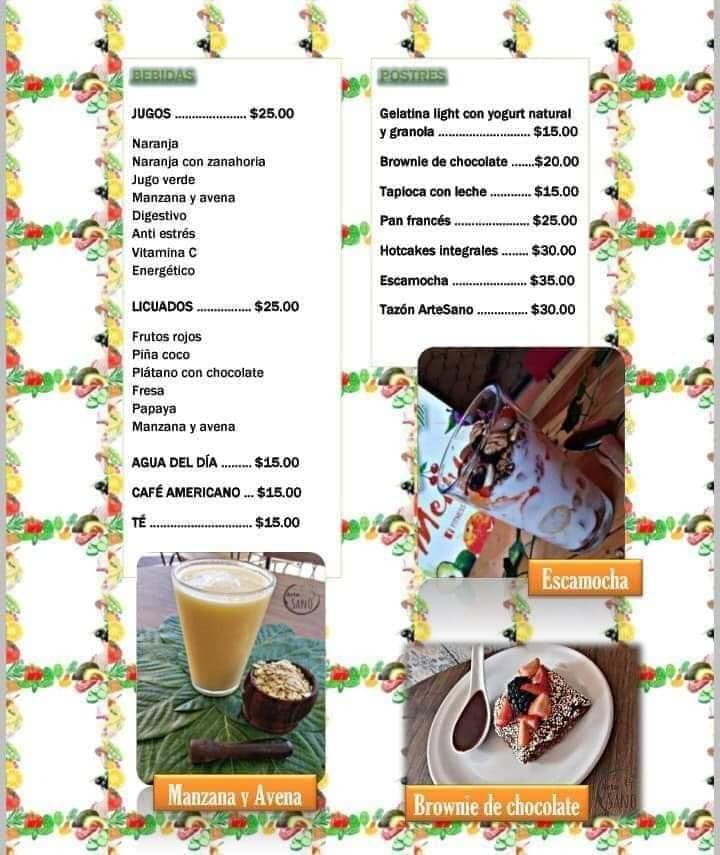 Menu at ArteSano restaurant, Zitácuaro, Hidalgo