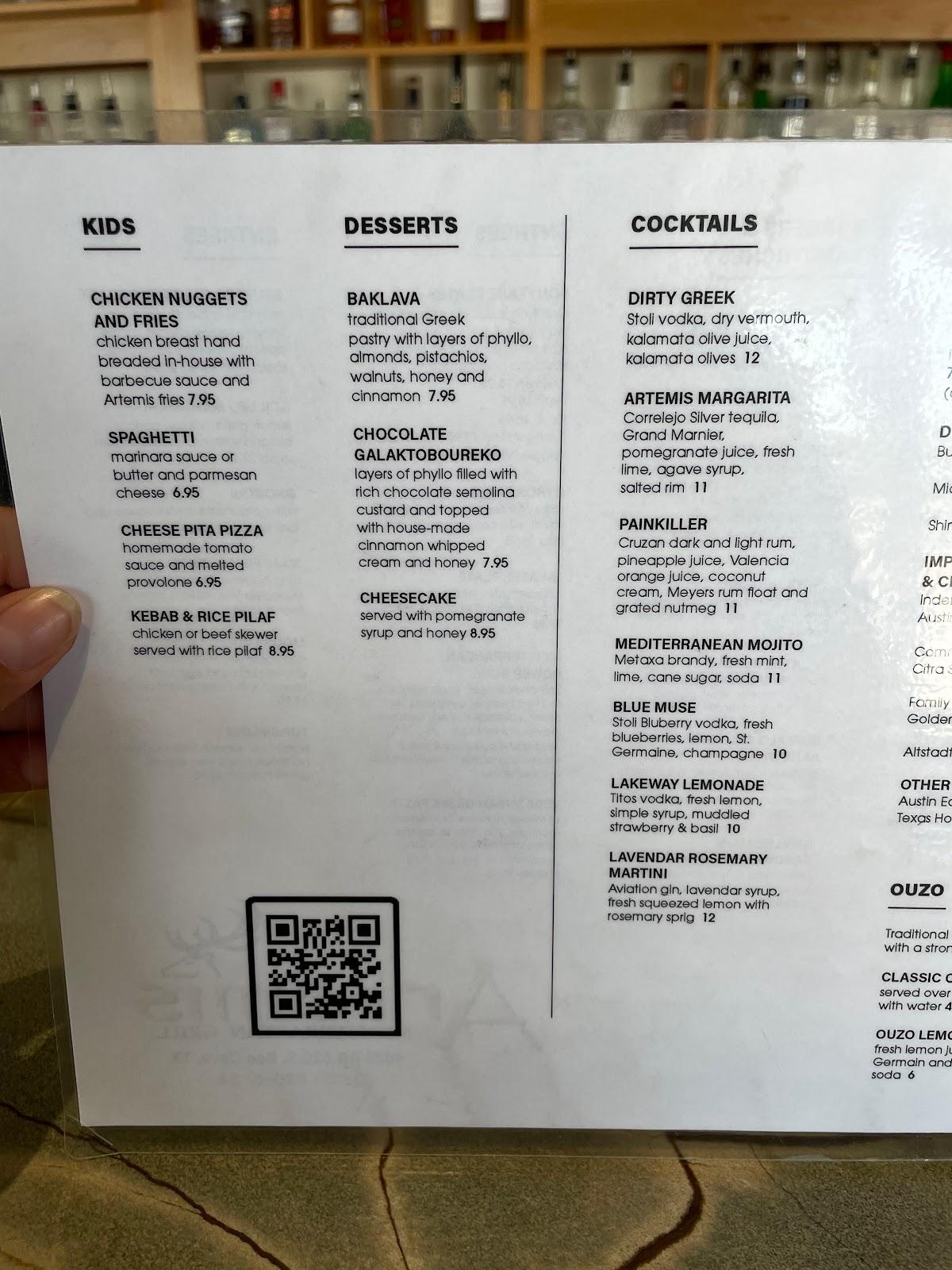Menu at Artemis Mediterranean Grill restaurant, Bee Cave