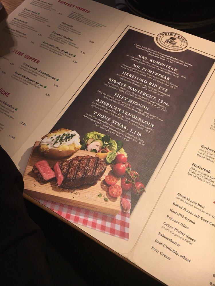 Menu at Block House steakhouse, Hamburg, Kirchenallee 49-51