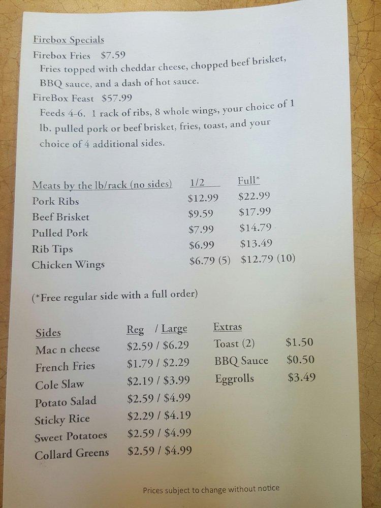 Menu at FireBox Deli BBQ, Minneapolis