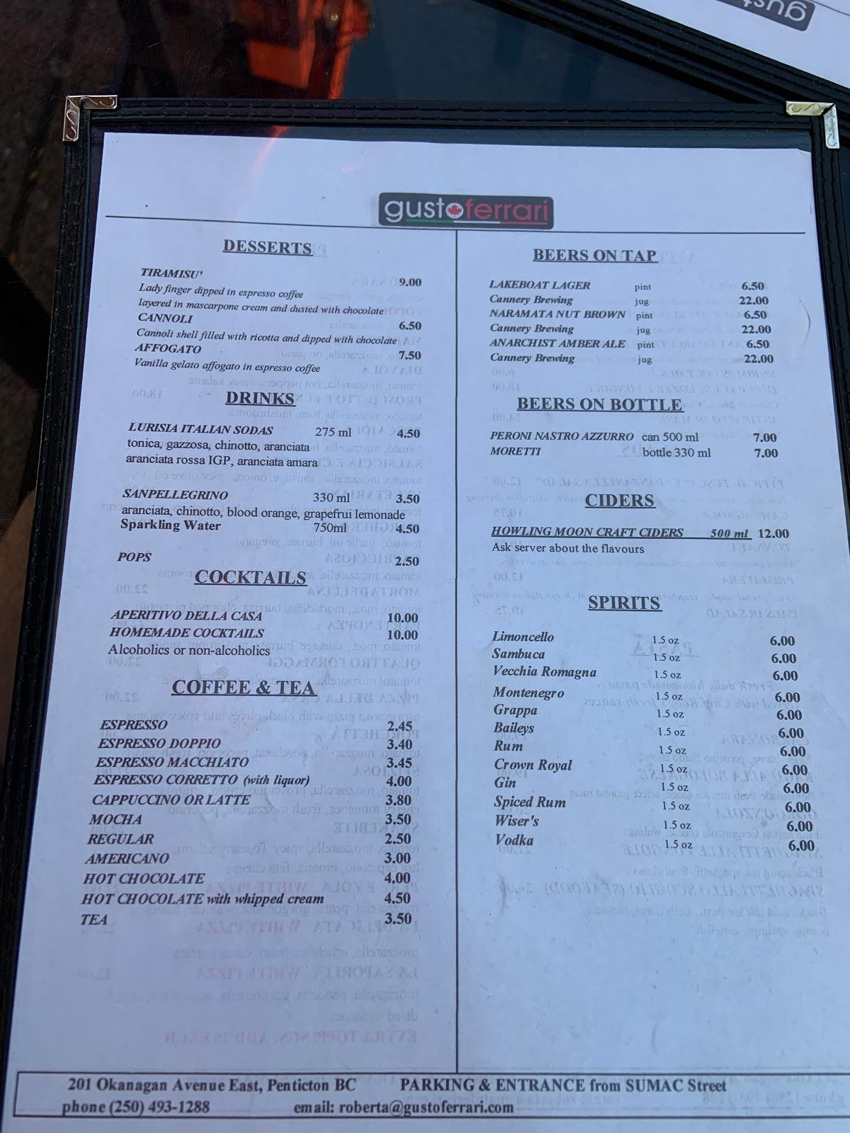 Menu at Gusto Ferrari pizzeria, Penticton
