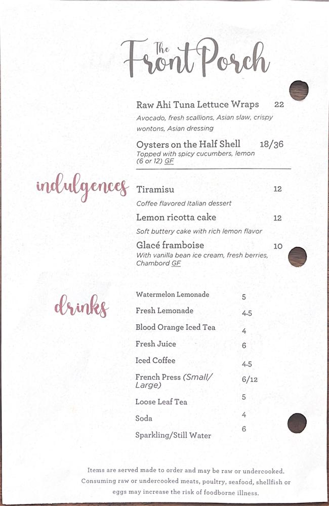 Menu at The Front Porch pub & bar, Palm Springs