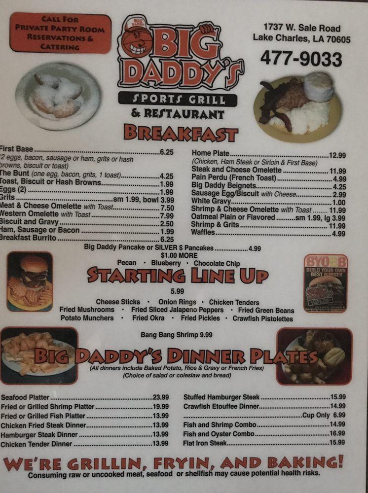 Menu at Big Daddy's Sports Grill restaurant, Lake Charles