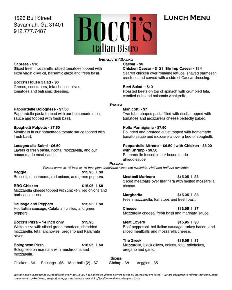 Menu at Bocci’s Italian Bistro on Bull pizzeria, Savannah