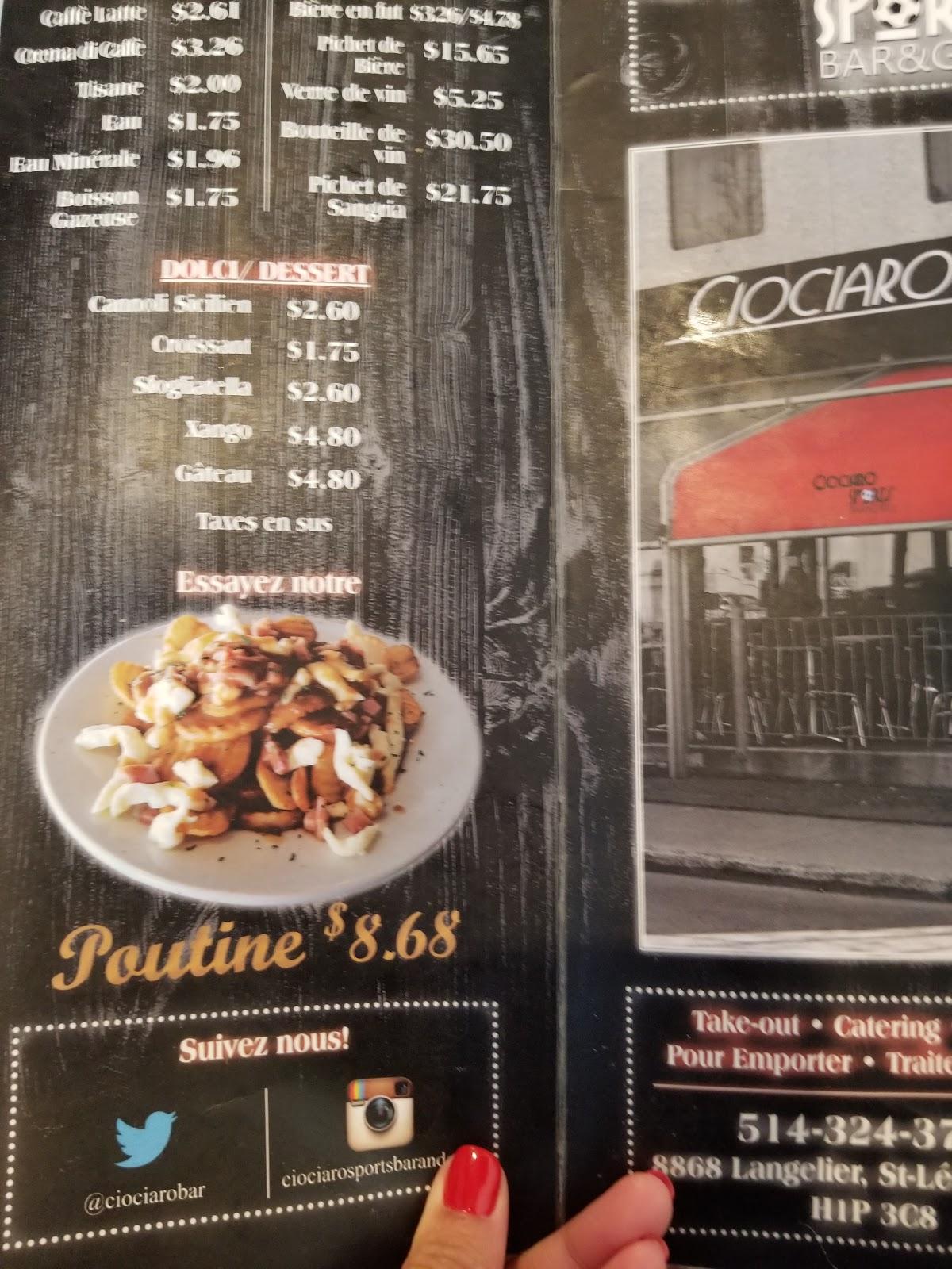 Menu at Ciociaro Sport Bar, Montréal