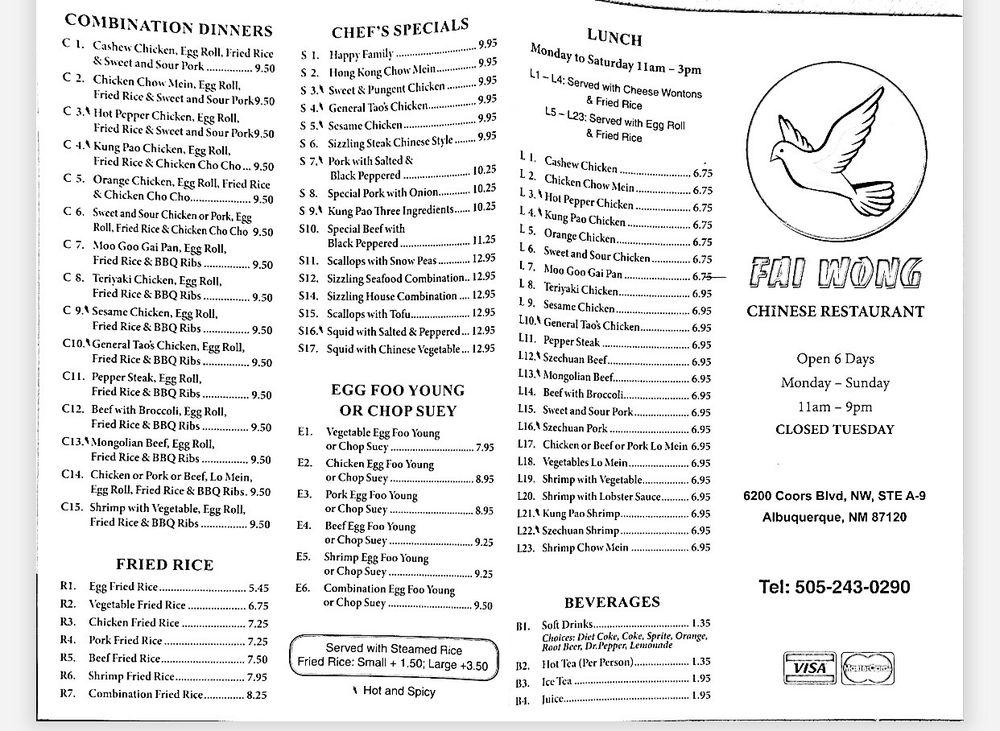Menu at Fai Wong restaurant, Albuquerque