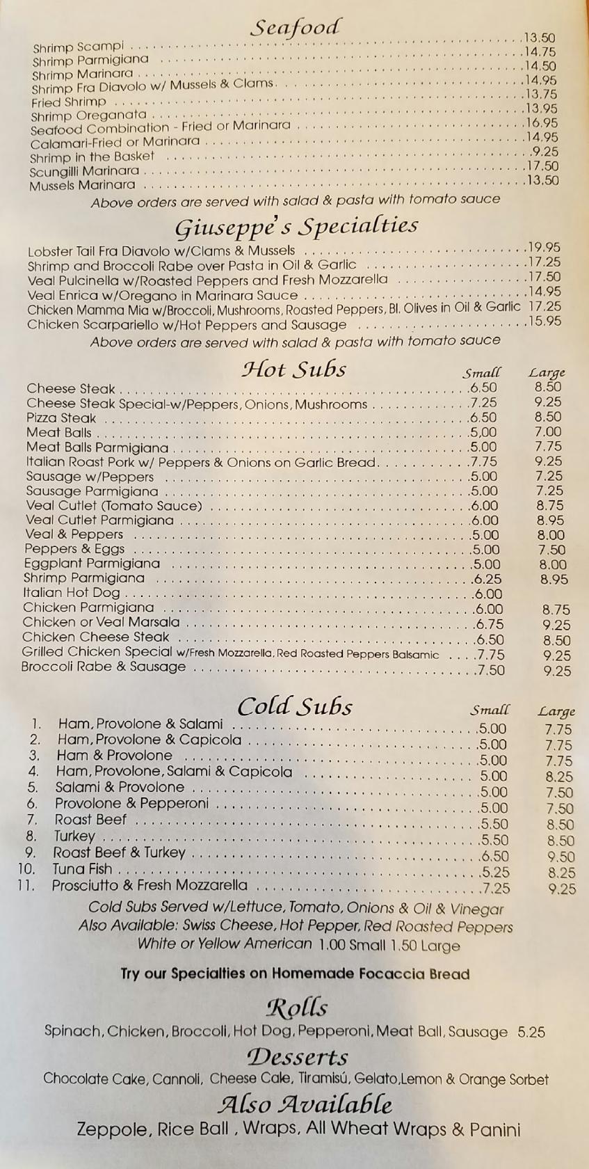 Menu at Giuseppe Pizza & Restaurant, Hazlet
