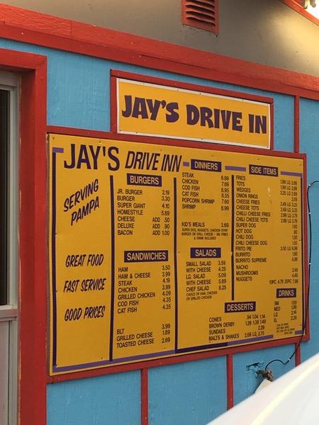 Menu at Jay's Drive Inn restaurant, Pampa