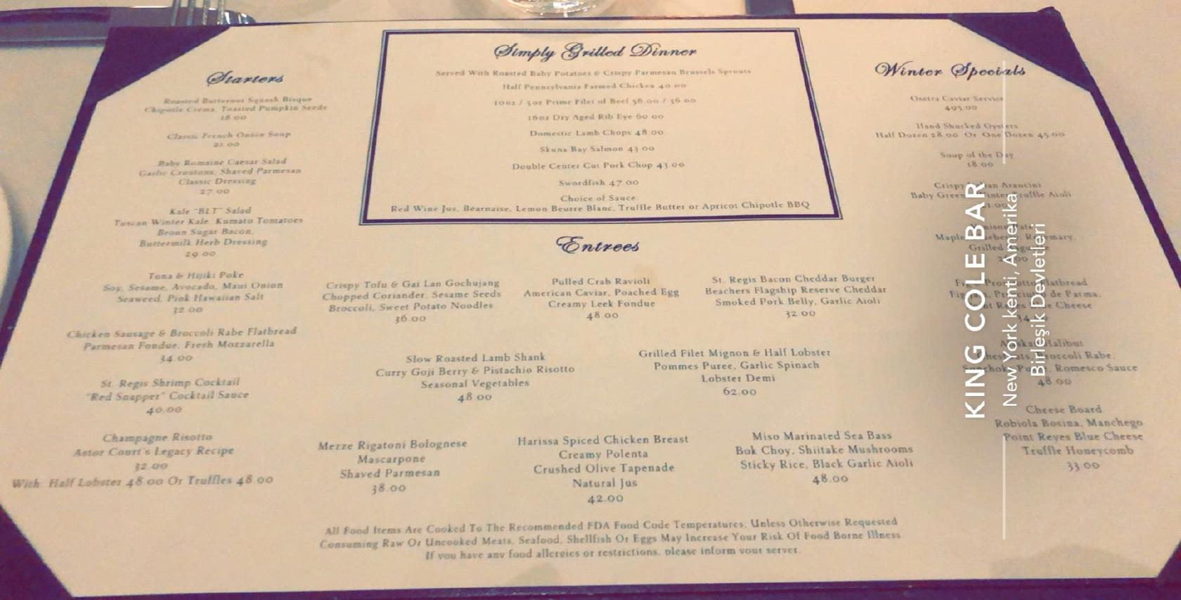 Menu at King Cole Bar, West New York, Two E 55th St